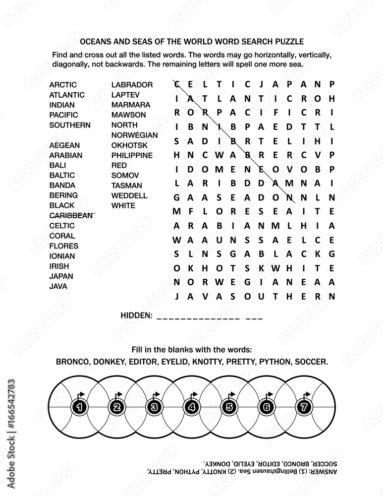 Puzzle page with two word games (English language). Oceans and seas of ...