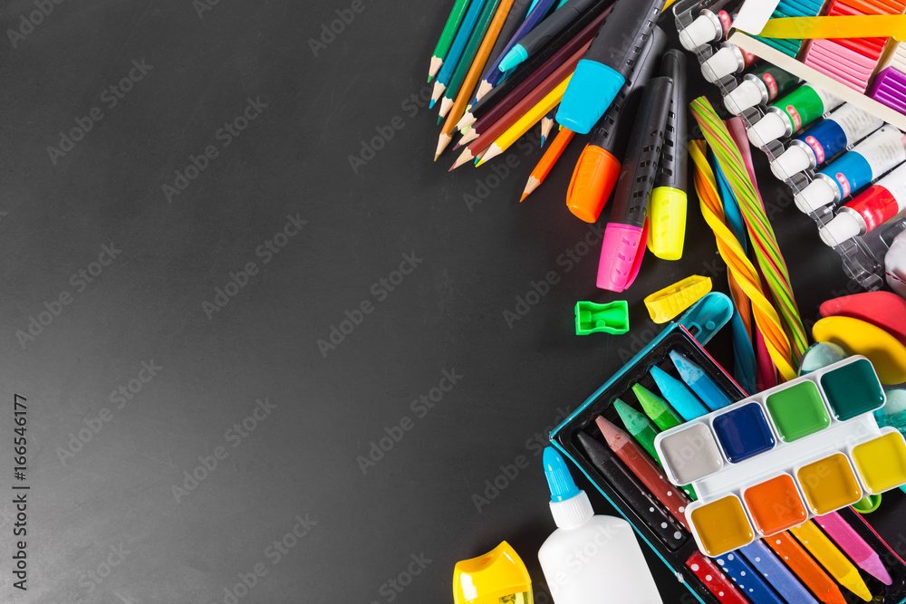 School supplies bottom border on a chalkboard background Stock Photo ...