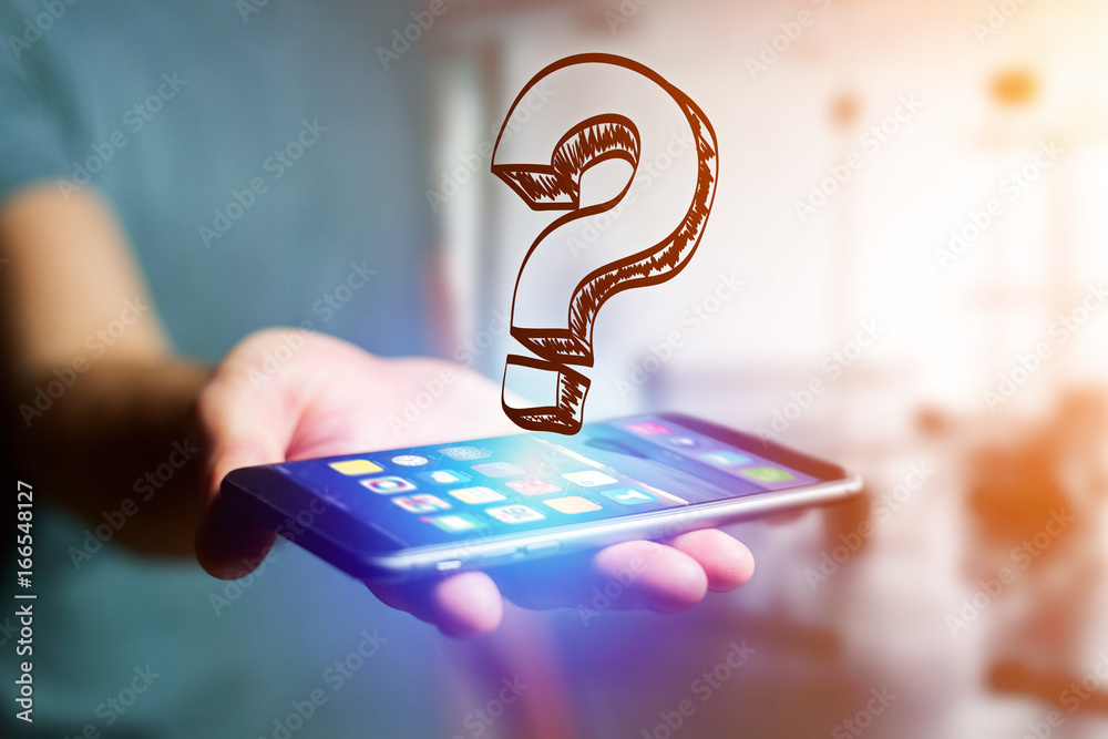 Hand drawn question mark icon going out a smartphone interface of a man ...