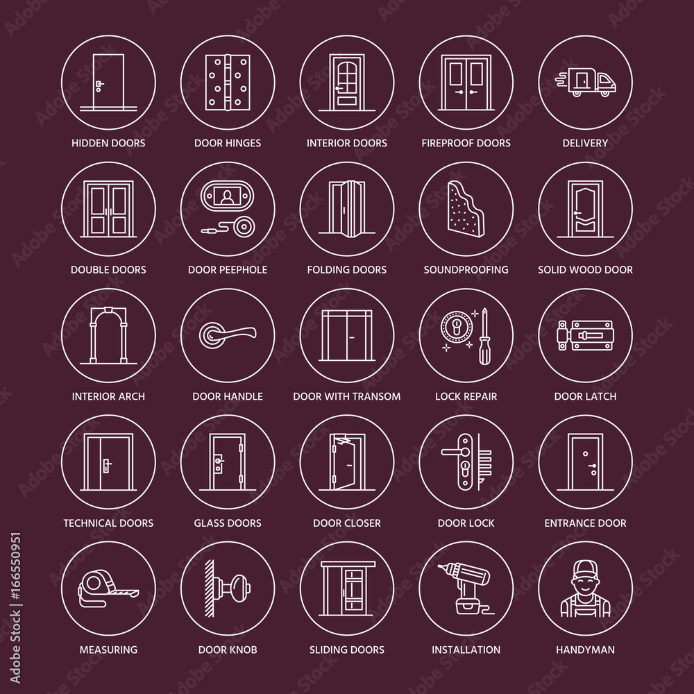 Doors installation, repair line icons. Various door types, handle ...