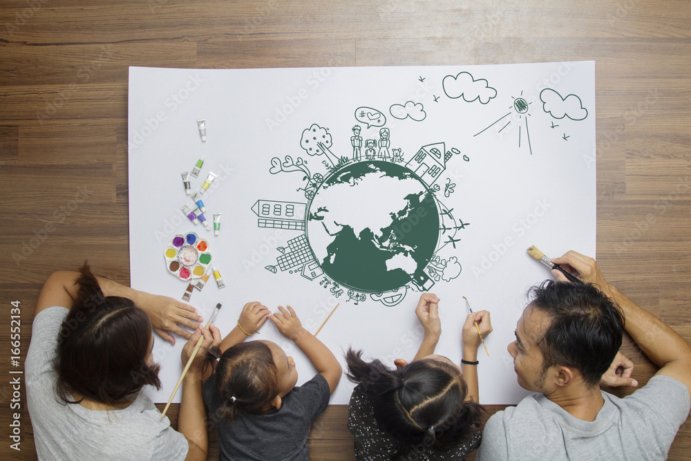 Happy family at home with creative drawing environment eco friendly and ...