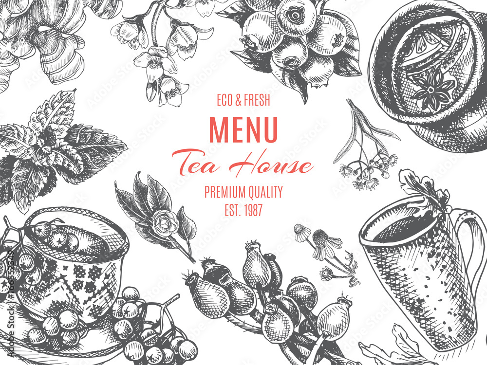 Vector illustration sketch - tea house. Card Menu restaurant. vintage ...