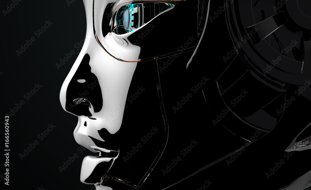 Female bot face on dark digital background. Artificial intelligence in ...