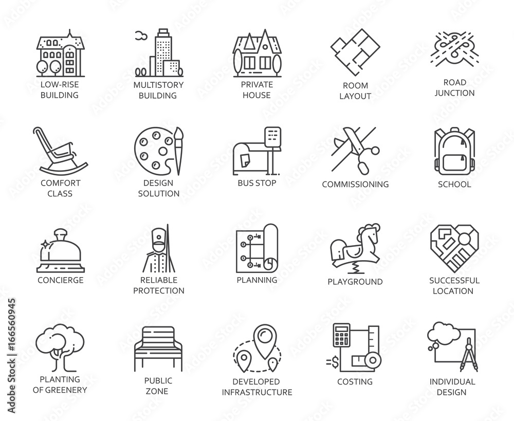 Vector set of 20 linear icons of city infrastructure. Pictogram in ...