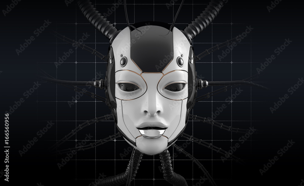 Female bot face on dark digital background. Artificial intelligence in ...