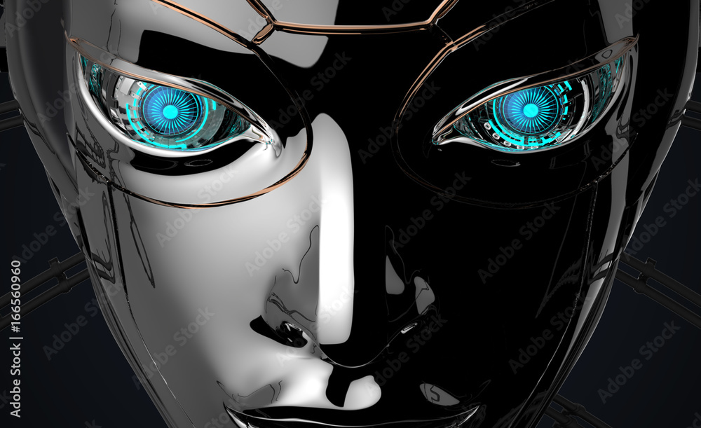 Female bot face on dark digital background. Artificial intelligence in ...
