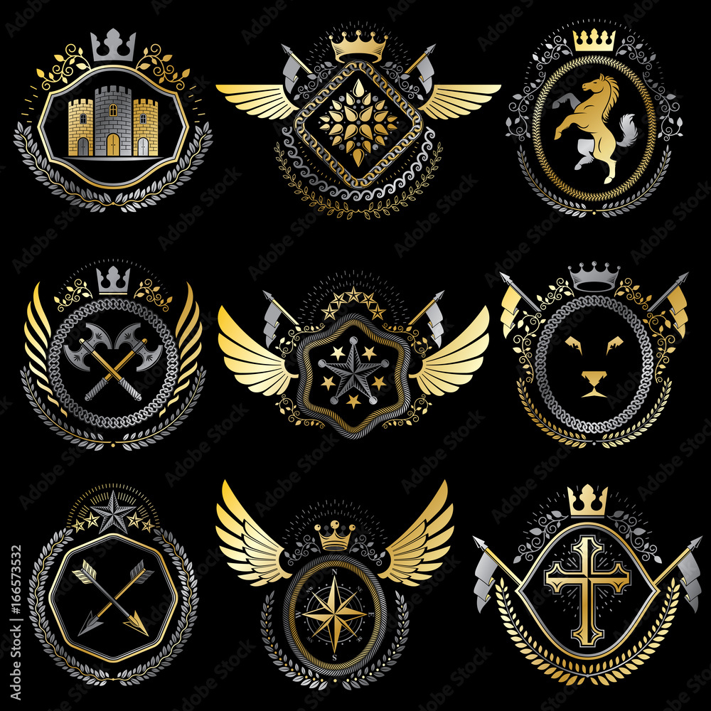 Heraldic emblems with wings isolated on white backdrop. Collection of ...