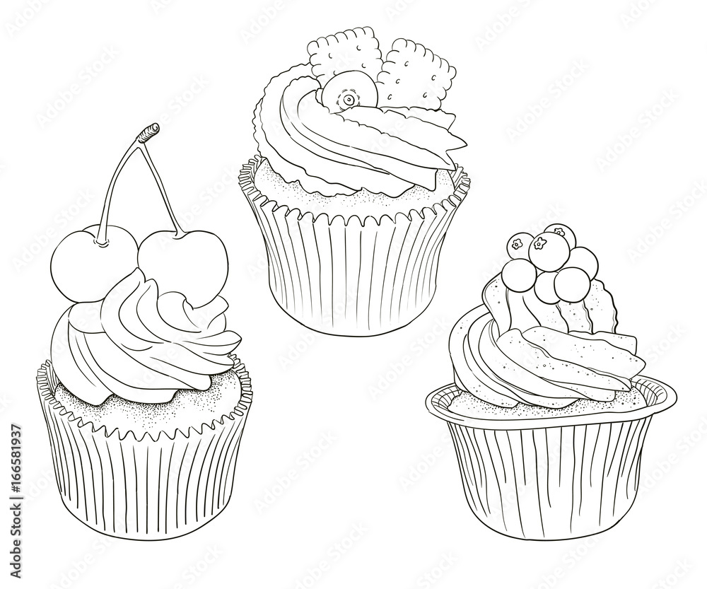 Hand drawn vector black and white outline cupcakes, good for coloring ...