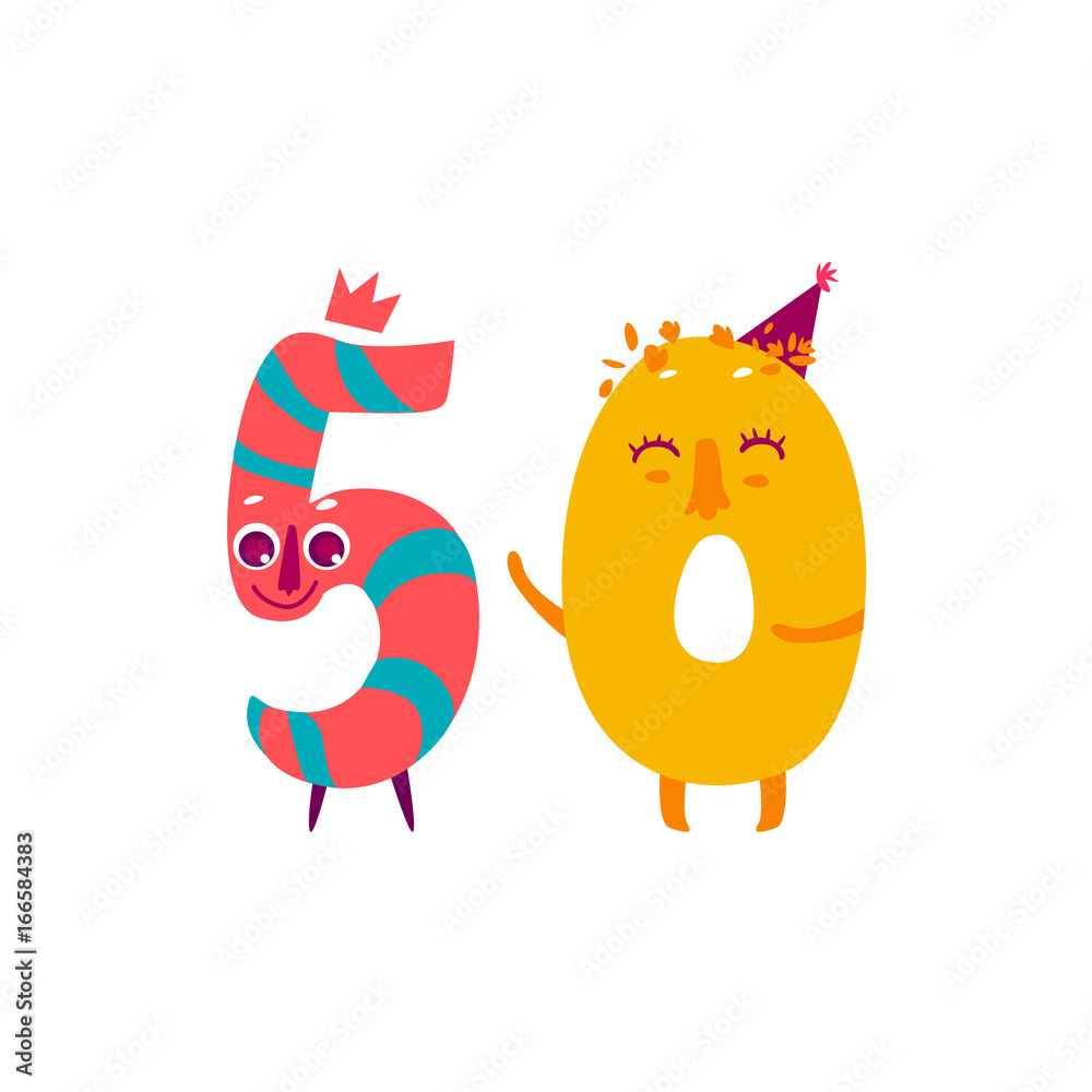 Vector cute animallike character number fifty 50. Flat cartoon illustration on a white ...