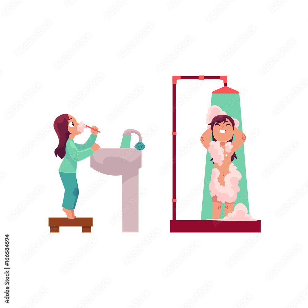 Little girl brushing teeth and taking shower, daily washing routine ...