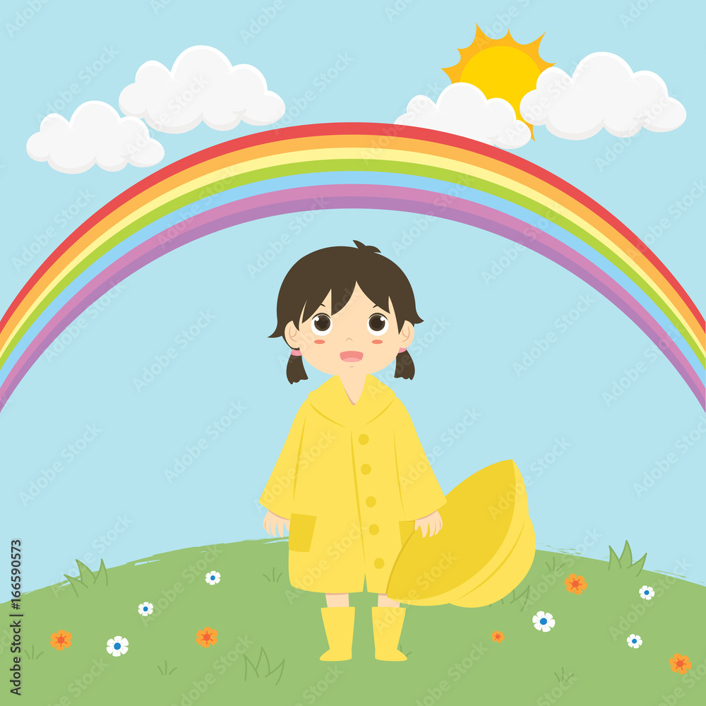 little girl holding her rain hat standing under the rainbow, cartoon ...