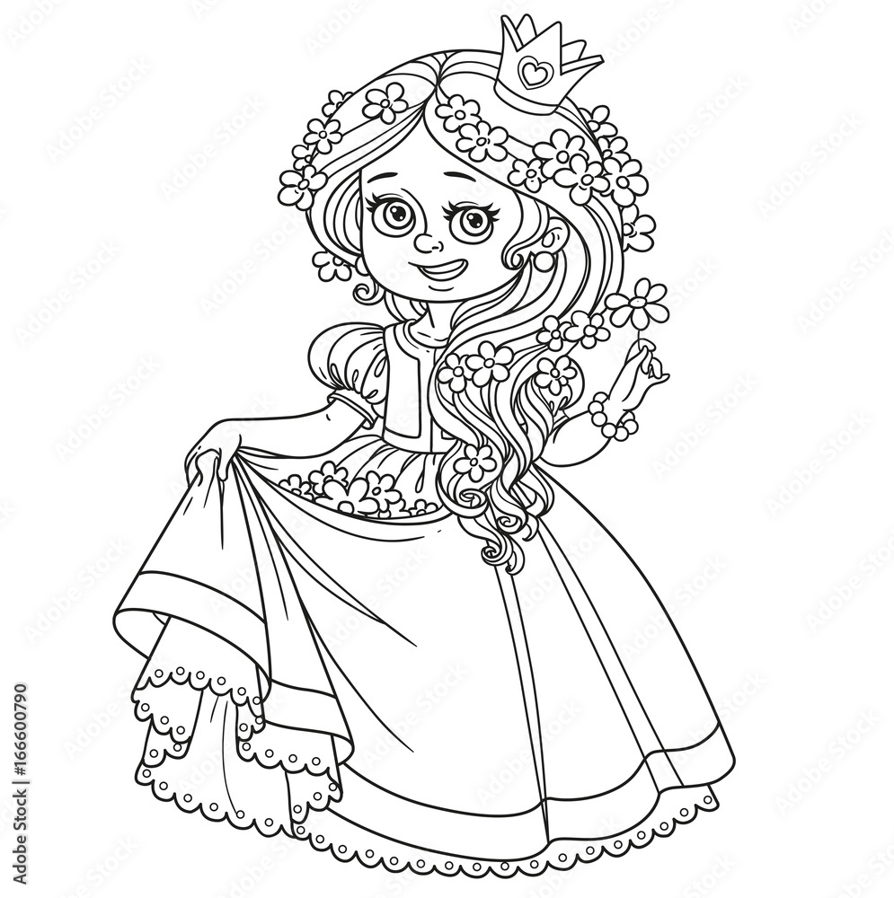 Beautiful princess with flowers in the hair and the hem of the dress ...