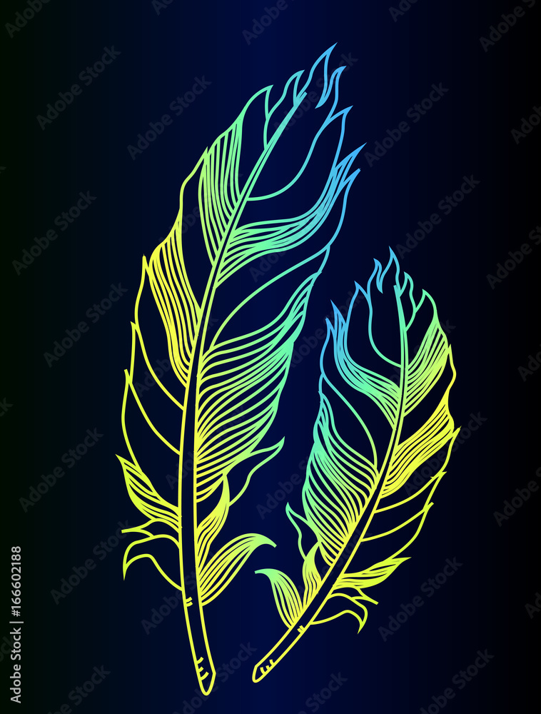 Neon feathers on a blue gradient background Stock Vector | Adobe Stock