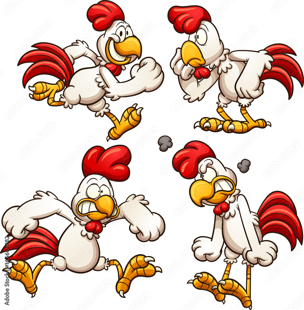 Cartoon chicken with different poses. Vector clip art illustration with ...
