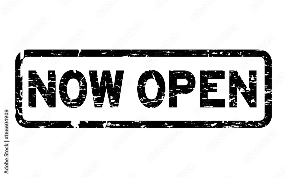 Grunge black now open square rubber seal stamp on white background ...