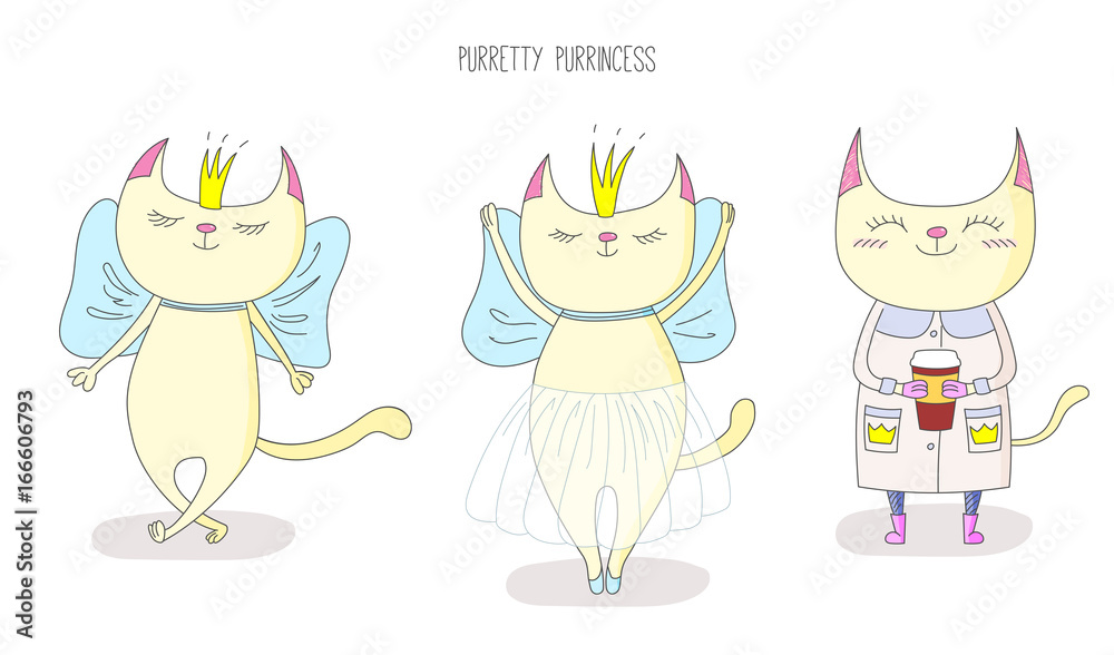 Hand drawn vector illustration of a cute cat princess, in shining crown ...