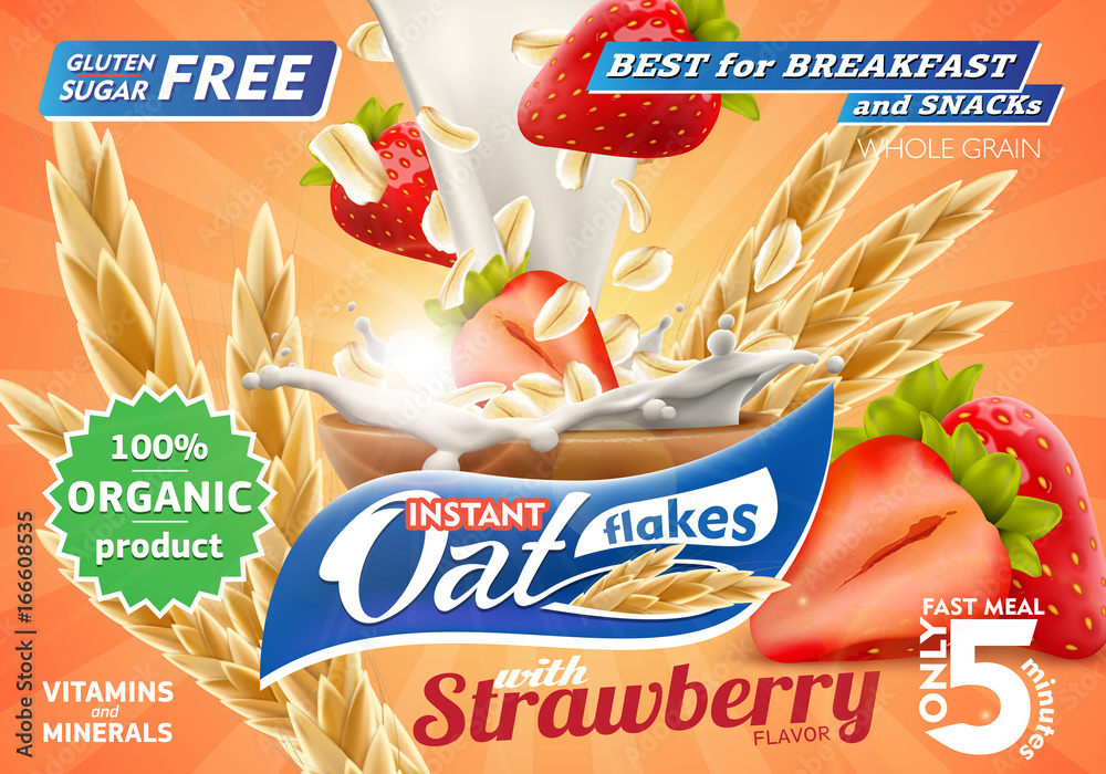 Oat flakes with sweet delicious strawberry and big milk splash ...