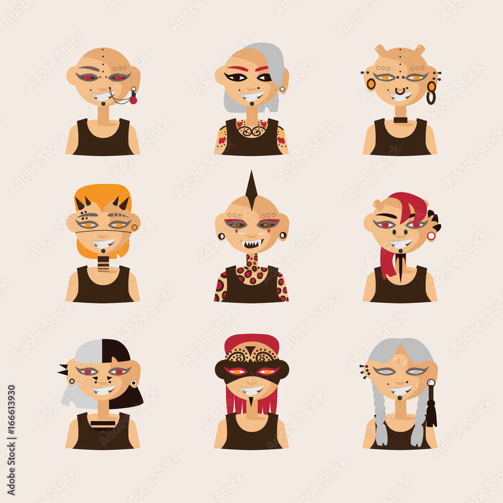 Vector set with girls characters, drawn with body modifications ...