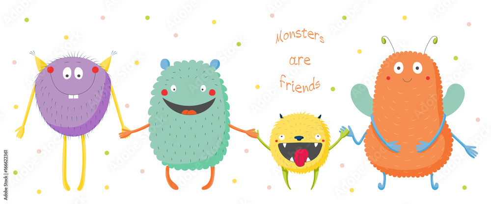 Hand drawn vector illustration of cute funny colourful monsters smiling ...