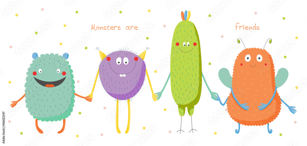 Hand drawn vector illustration of cute funny colourful monsters smiling ...