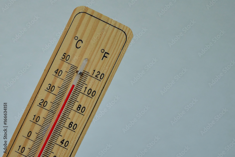 Mercury wooden thermometer shows very high temperature. Temperatures in ...