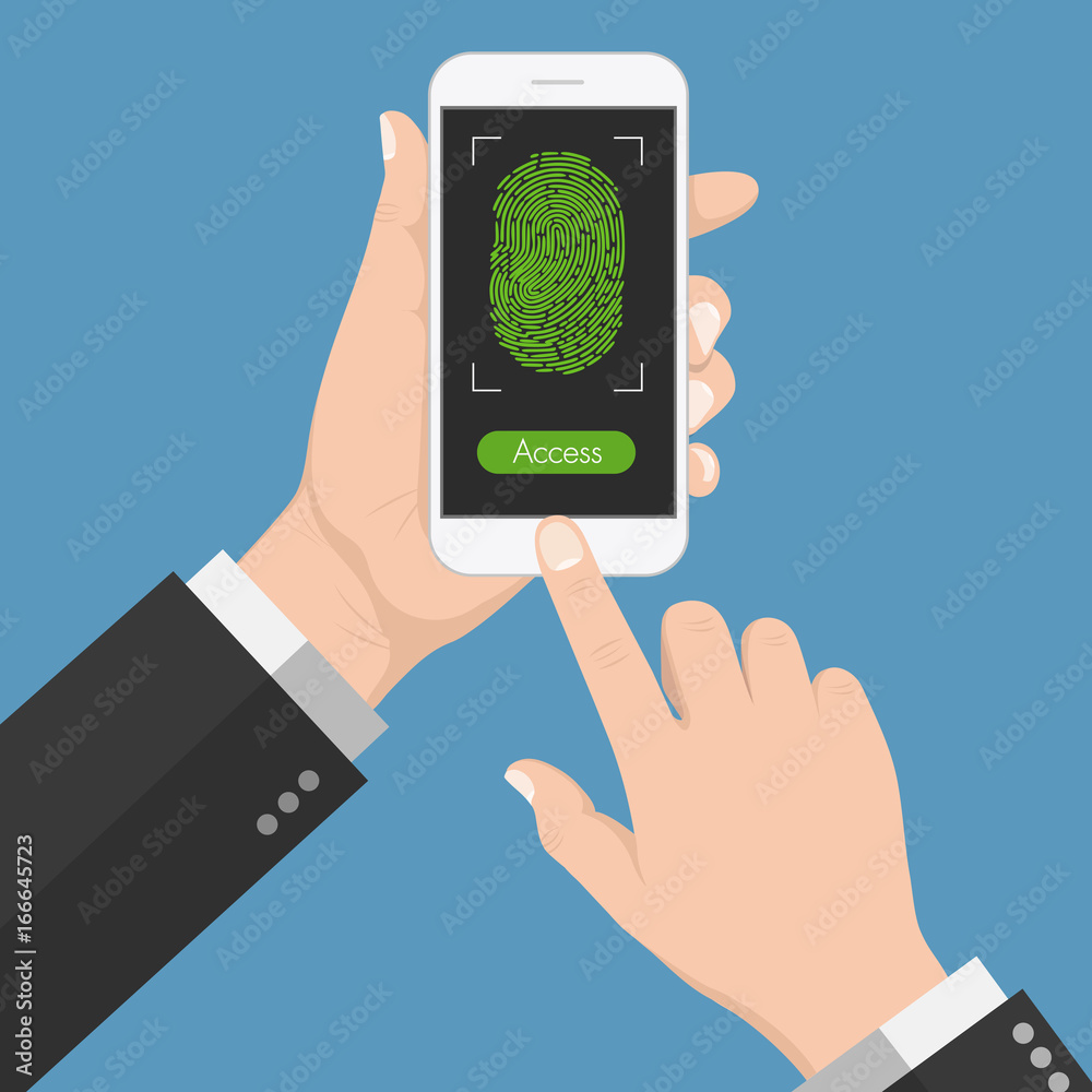 Flash Design style Human hand holding Smartphone with fingerprint app ...