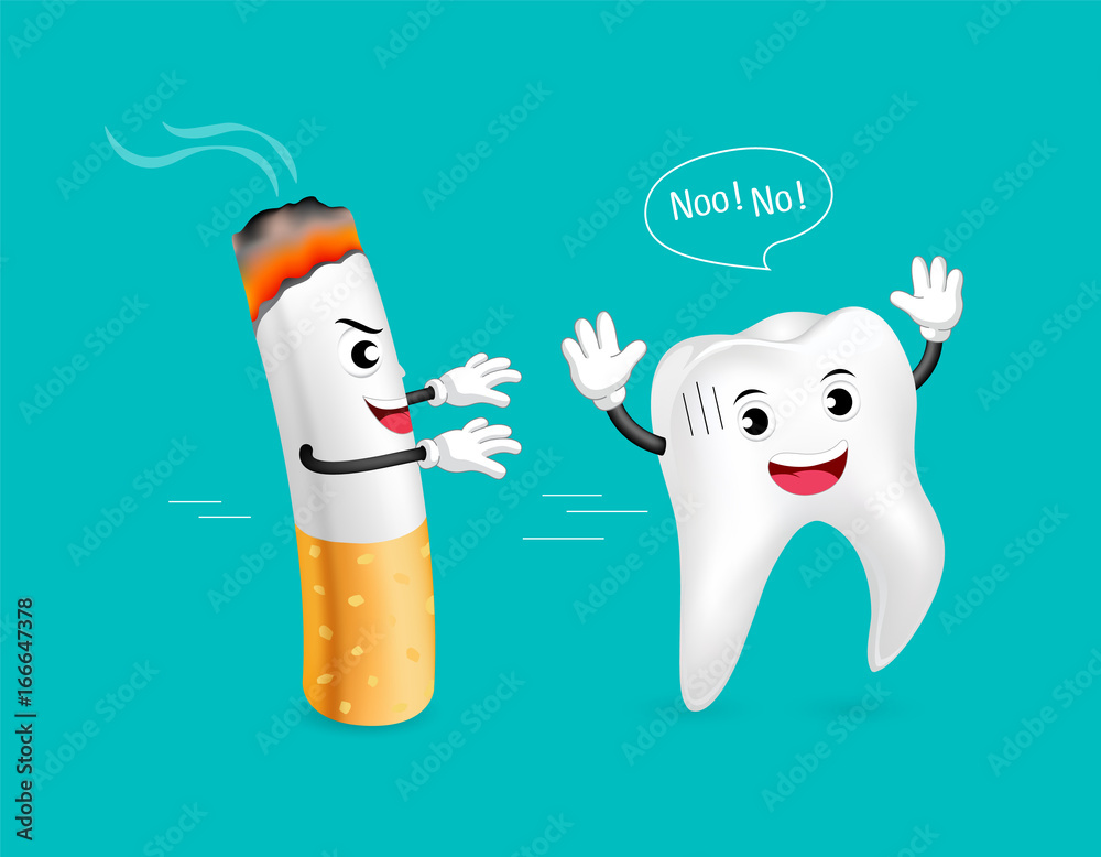 Healthy tooth run away from cigarette. Cute cartoon character. Dental ...