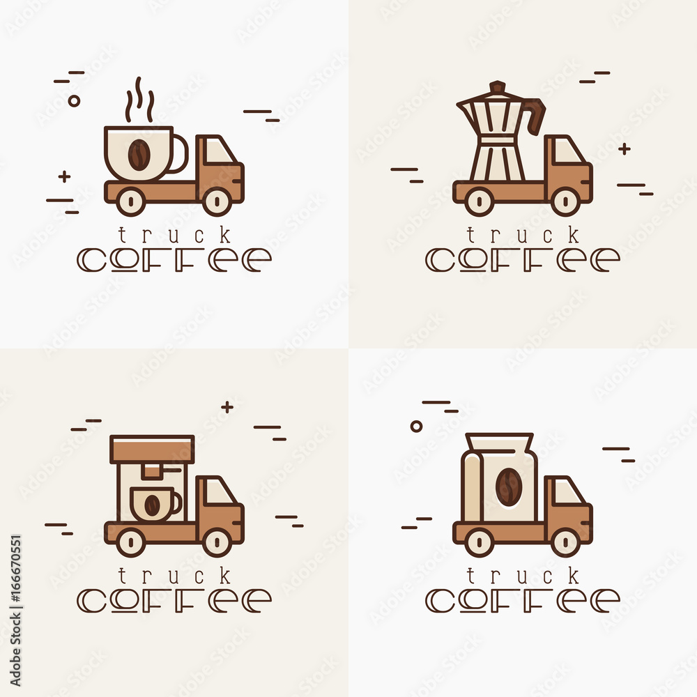 Four logos for street cafe contains coffee truck with thin line icons ...