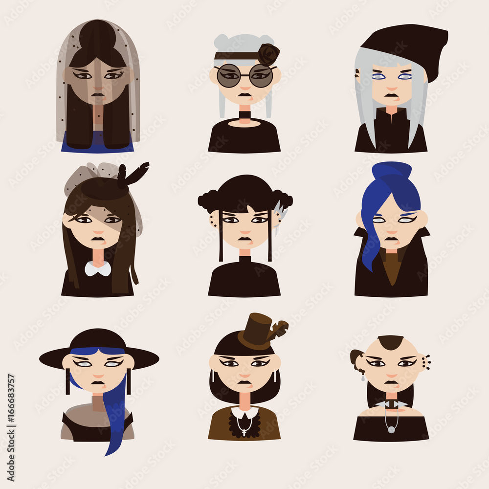 Vector set with gothic girls characters, drawn with various hairstyle ...