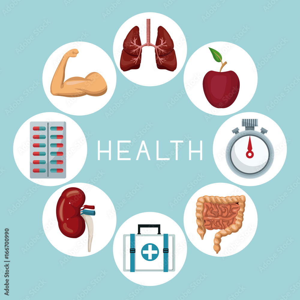 color background with icons in circular frame of health elements Stock ...
