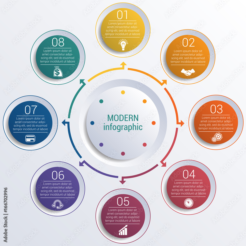 Pattern for infographic 8 positions colorful circles in circle. Stock ...