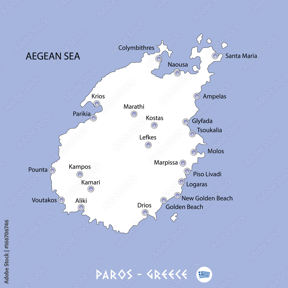 Poster island of paros in greece white map and blue background ...