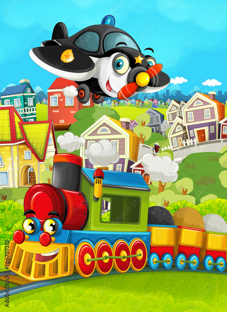 Cartoon train scene on the meadow and plane flying - illustration for ...