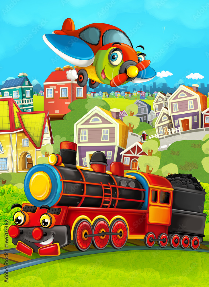 Cartoon train scene on the meadow and plane flying - illustration for ...