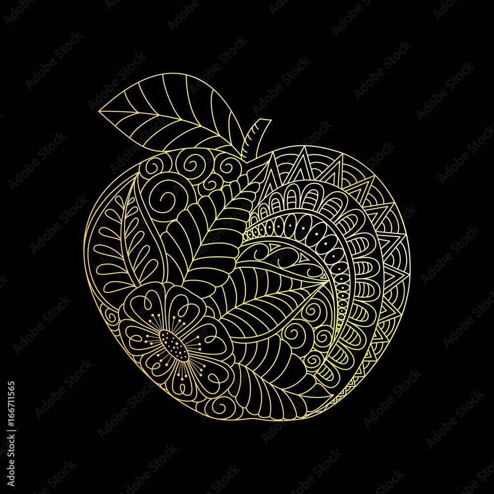 Hand drawn cartoon gold apple on black background. You can use for ...