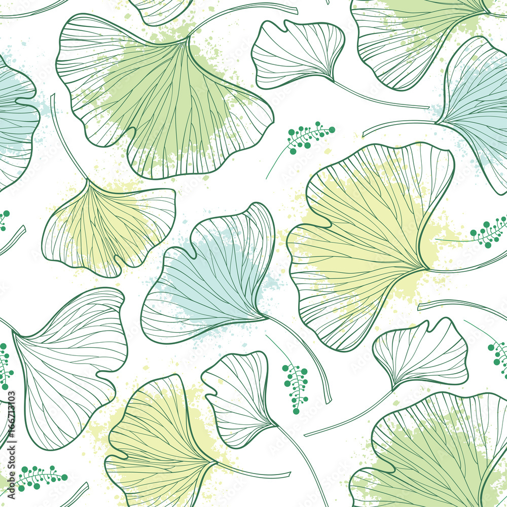 Vector seamless pattern with outline Gingko or Ginkgo biloba leaves and ...