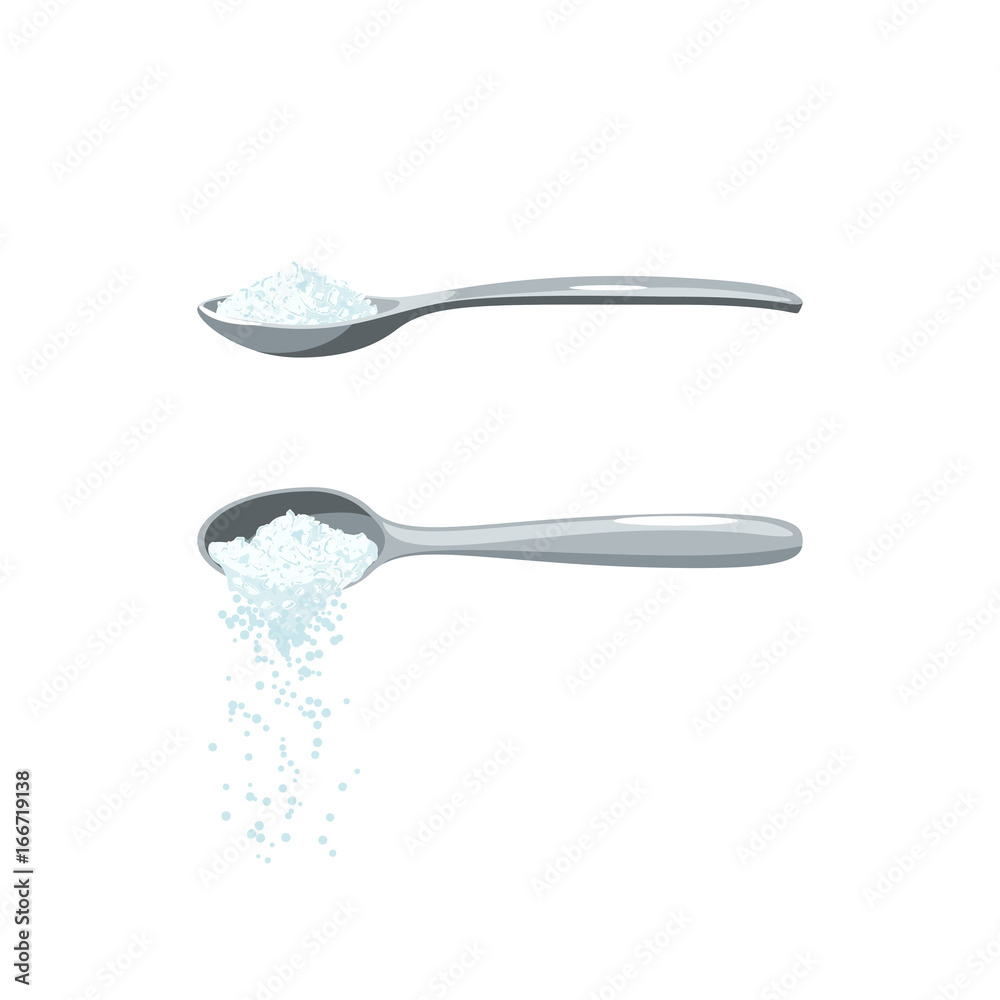 Cartoon metal spoon pouring salt. Spoon with salt isolated on white ...