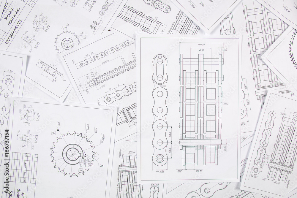 Technical engineering drawing, details of drive industrial chain ...