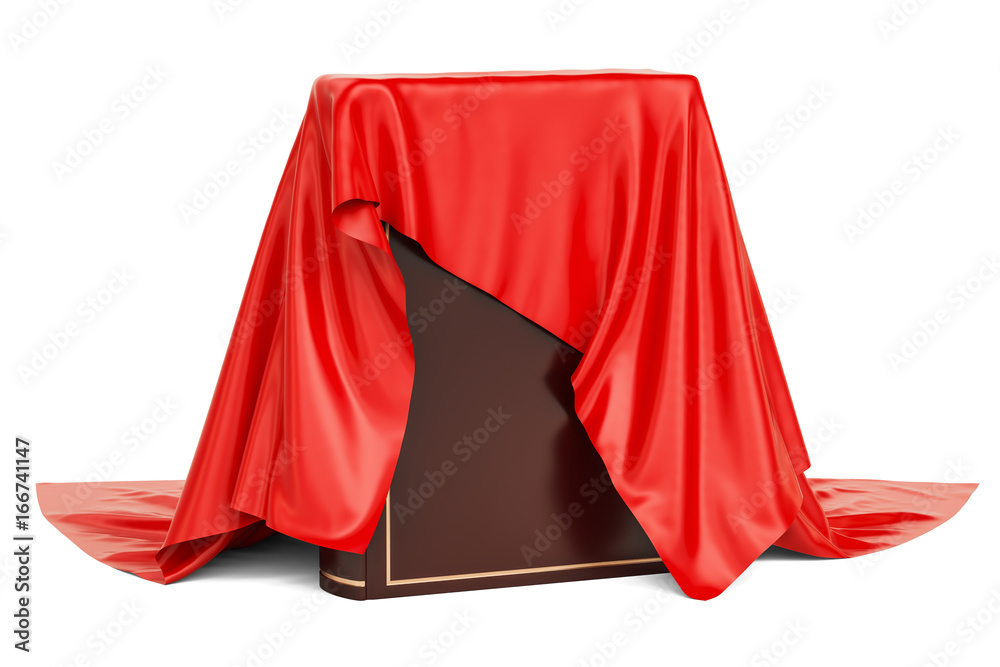 Book covered red cloth, presentation of new book concept. 3D rendering ...