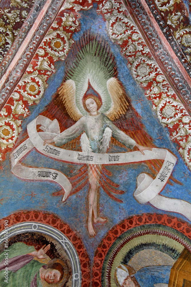 angelo con cartiglio; affresco gotico nella chiesa di San Giacomo a ...