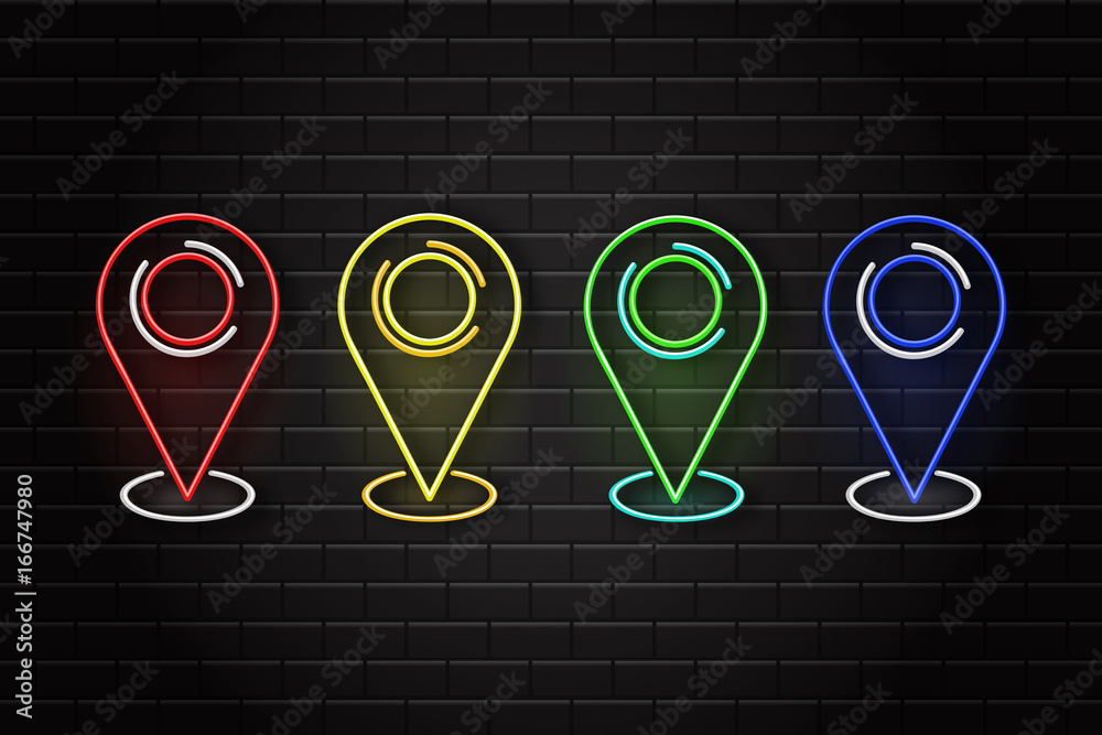 Vector set of neon retro map pins on the wall background. Concept of ...