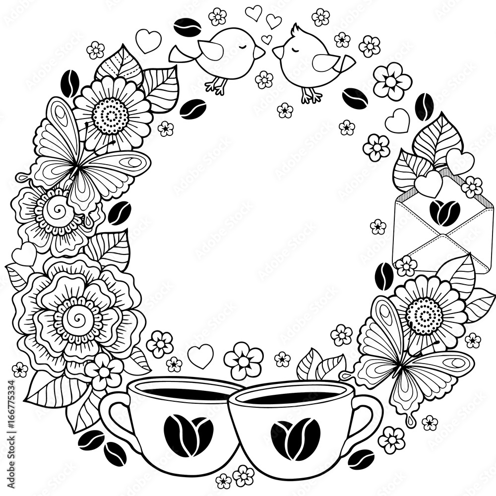 vignette round shape for Coloring book for adult. Black line art on ...