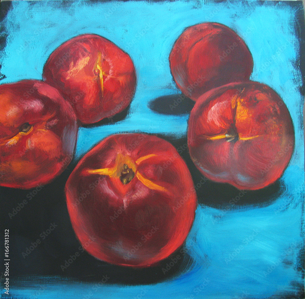 Still life with red nectarines on bright blue turquoise background with ...
