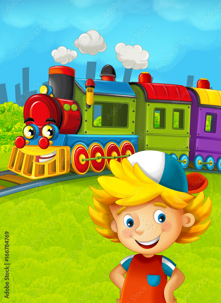 Cartoon train scene with happy kid - boy standing and looking ...