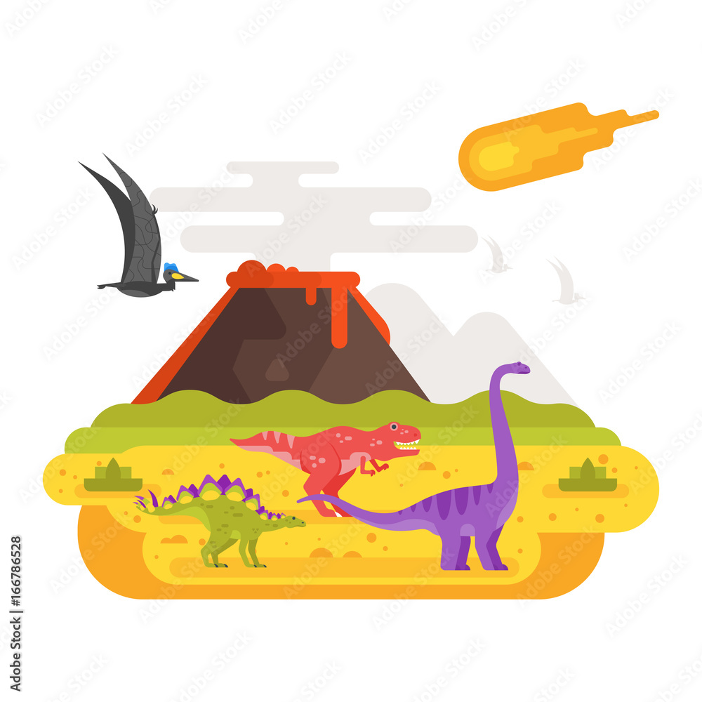 prehistoric landscape and volcano with dinosaurs. Stock Vector | Adobe ...