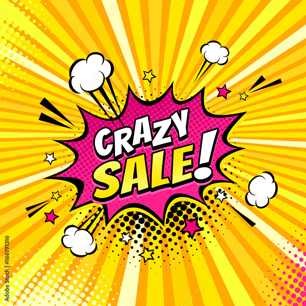 Comic speech bubble with expression text Crazy Sale!, stars and clouds ...