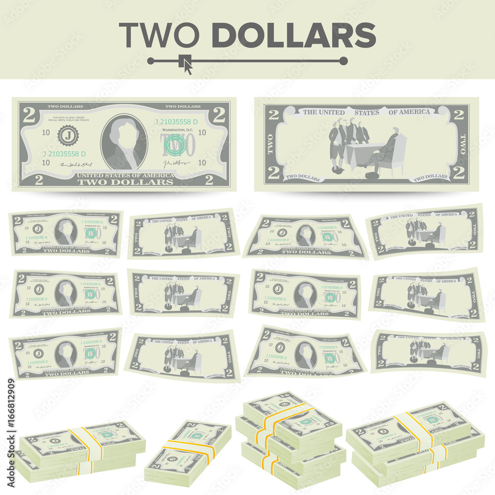 2 Dollars Banknote Vector. Cartoon US Currency. Two Sides Of Two ...