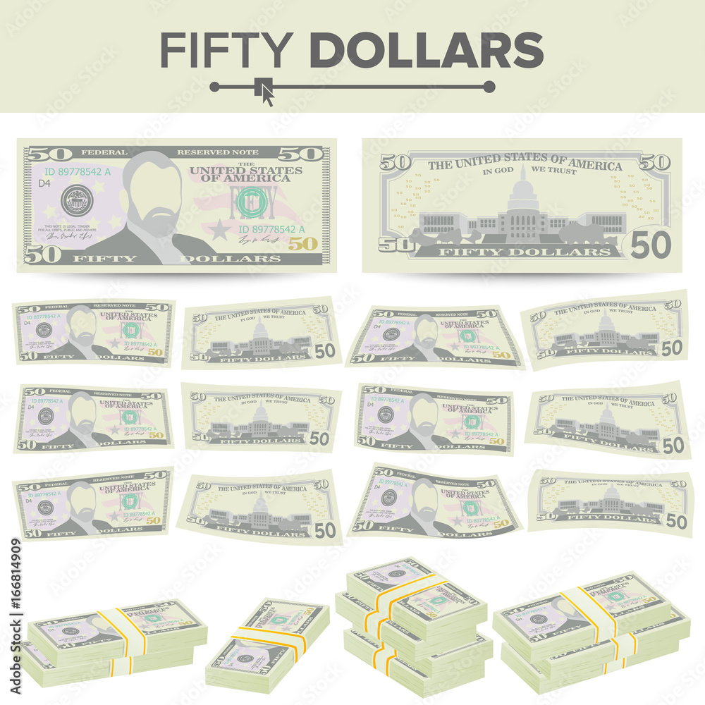 50 Dollars Banknote Vector. Cartoon US Currency. Two Sides Of Fifty ...