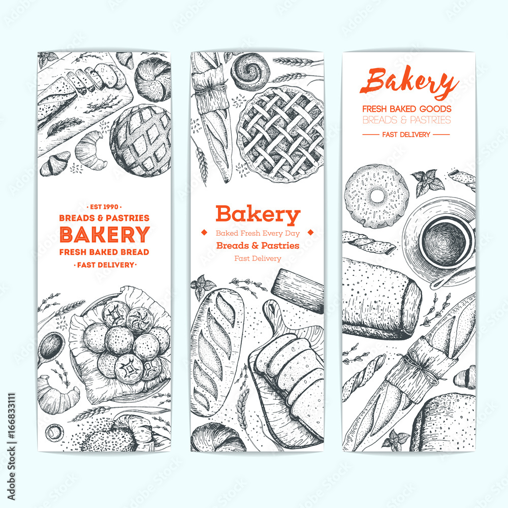 Bakery vector illustration. Vertical banner set. Hand drawn sketch with ...