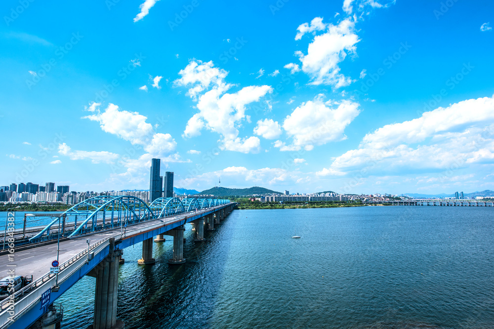 Seoul city skyline at Dongjak Bridge Han river in Seoul , South Korea ...